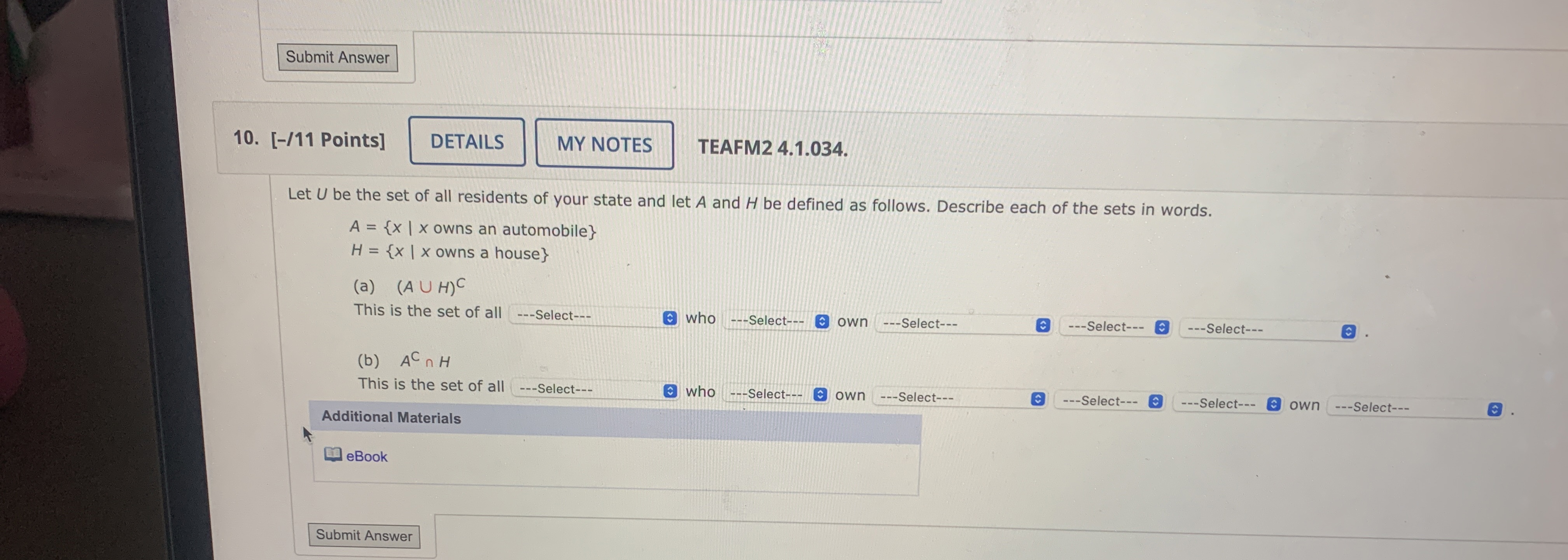 Solved Submit Answer10. [-/11 ﻿Points]TEAFM2 4.1.034.Let U | Chegg.com