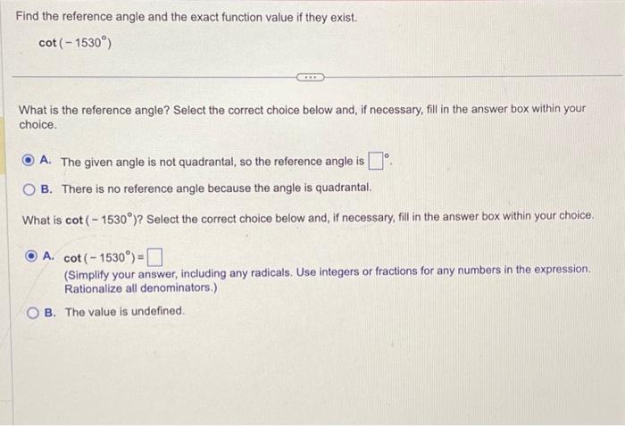 Solved Find the reference angle and the exact function value | Chegg.com