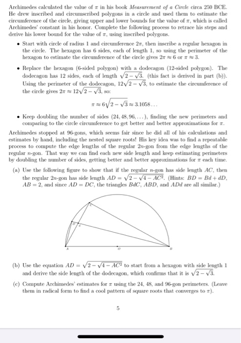 Solved Archimedes calculated the value of in his book | Chegg.com