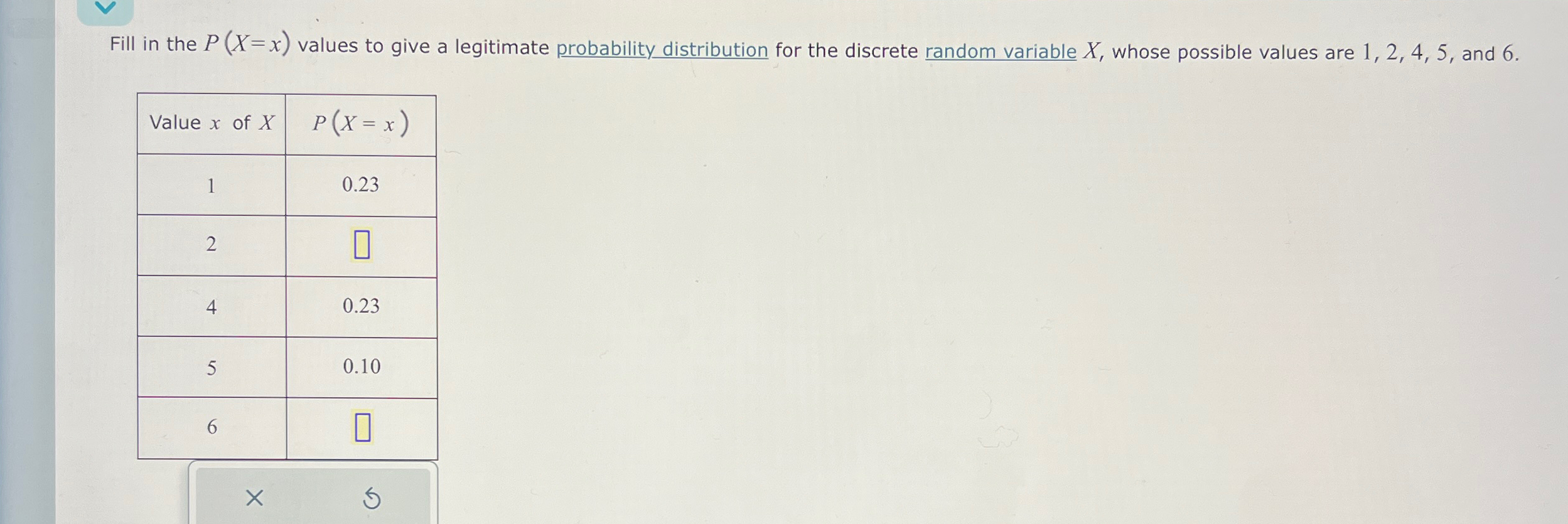 Solved Fill in the P(x=x) ﻿values to give a legitimate | Chegg.com