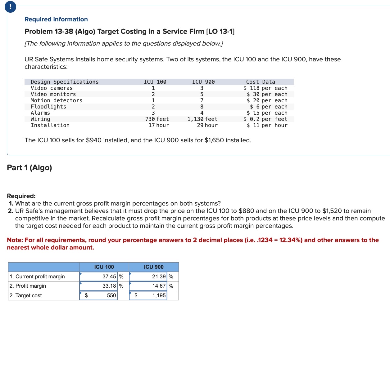 Solved !Required informationProblem 13-38 (Algo) ﻿Target | Chegg.com