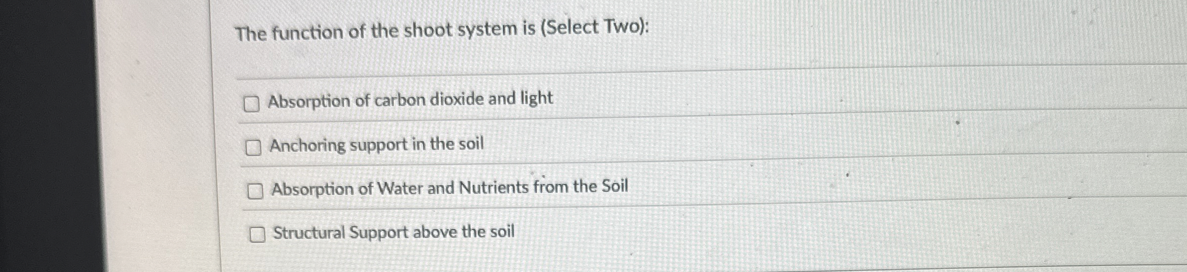 Solved The function of the shoot system is (Select | Chegg.com
