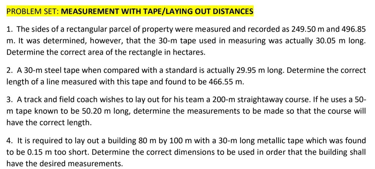Solved PROBLEM SET: MEASUREMENT WITH TAPE/LAYING OUT | Chegg.com