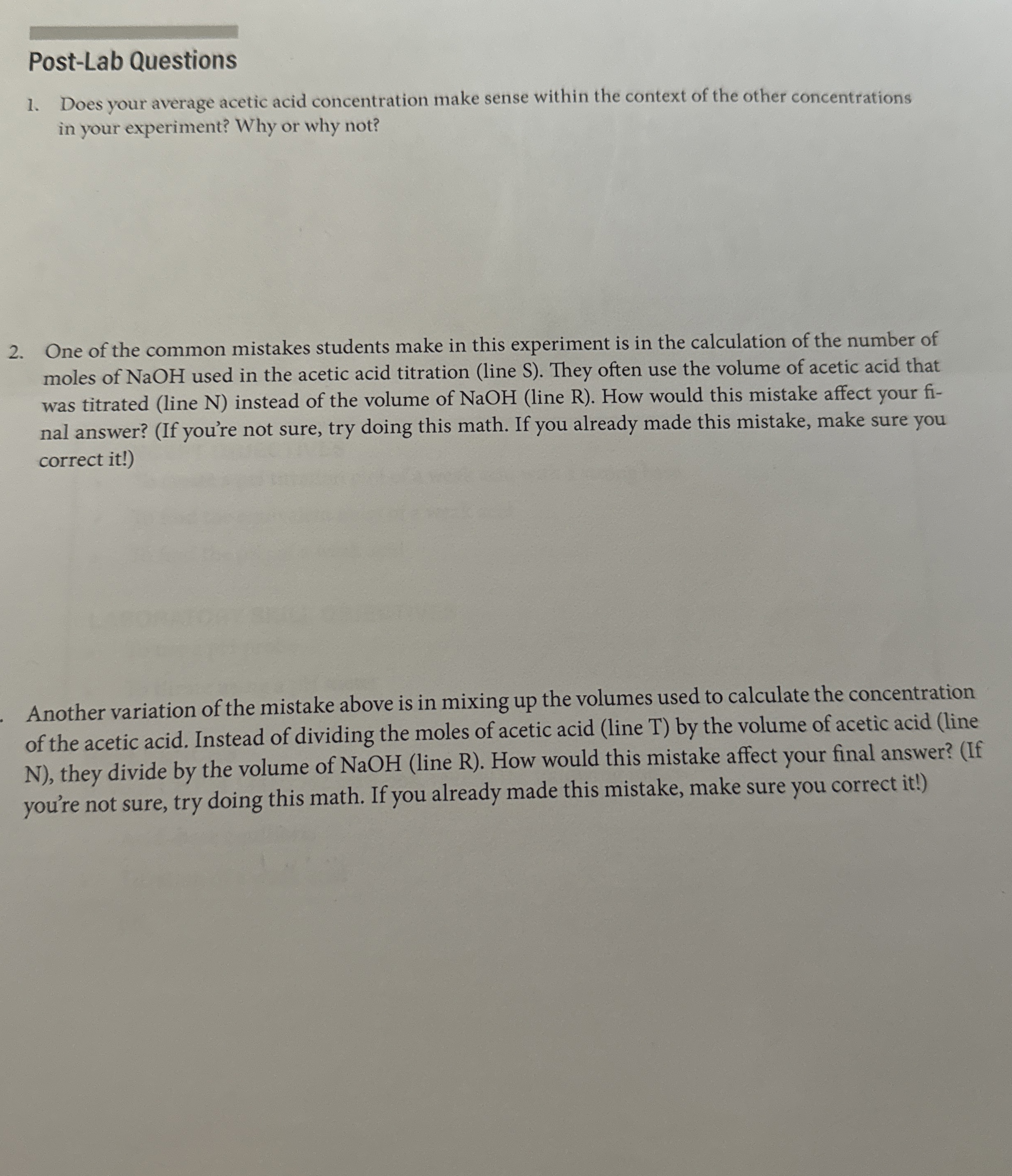 Solved Post-Lab QuestionsDoes your average acetic acid | Chegg.com