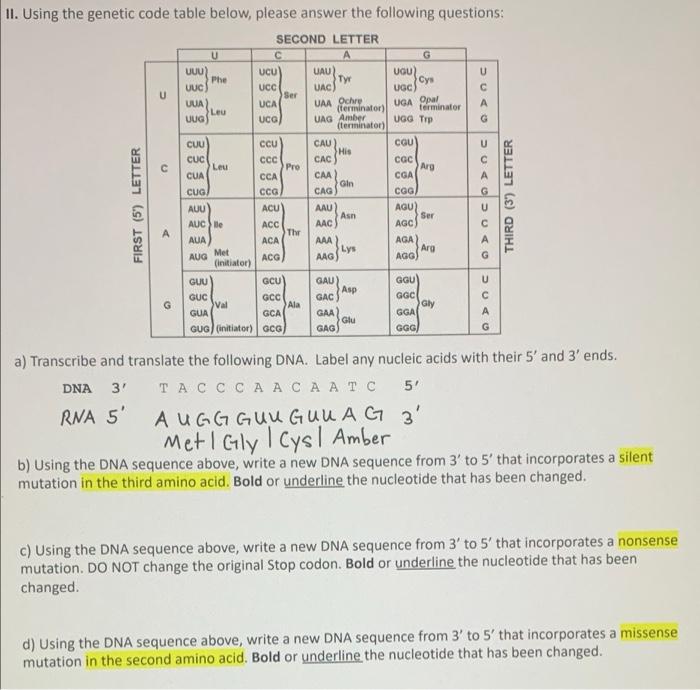 Solved II. Using the genetic code table below, please answer | Chegg.com