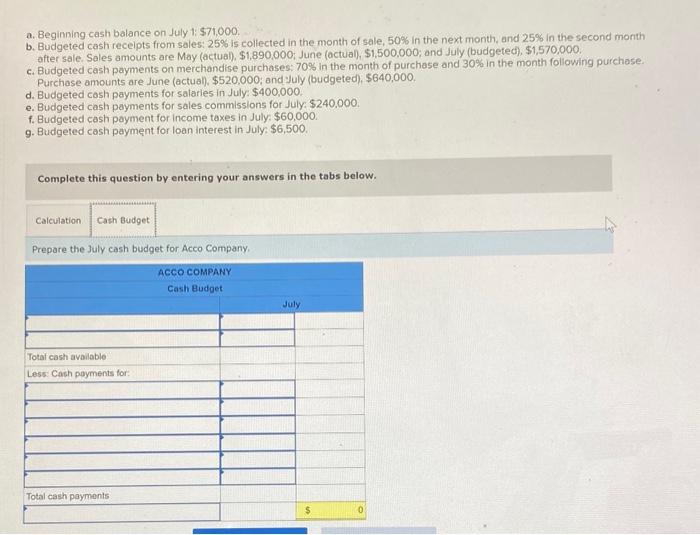 Solved a. Beginning cash balance on July 1: $71,000. b. | Chegg.com