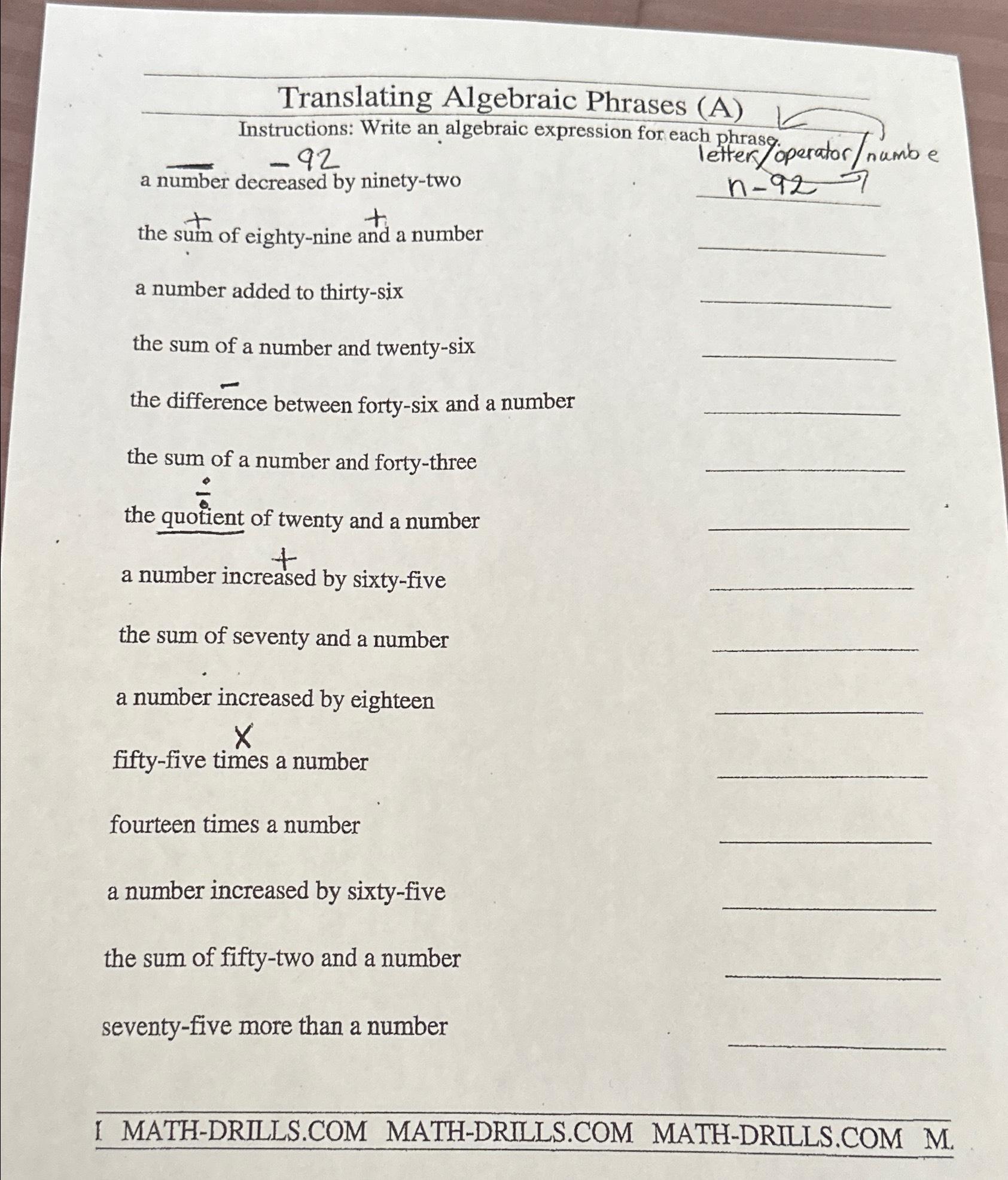 Solved Translating Algebraic Phrases (A)Instructions: Write | Chegg.com