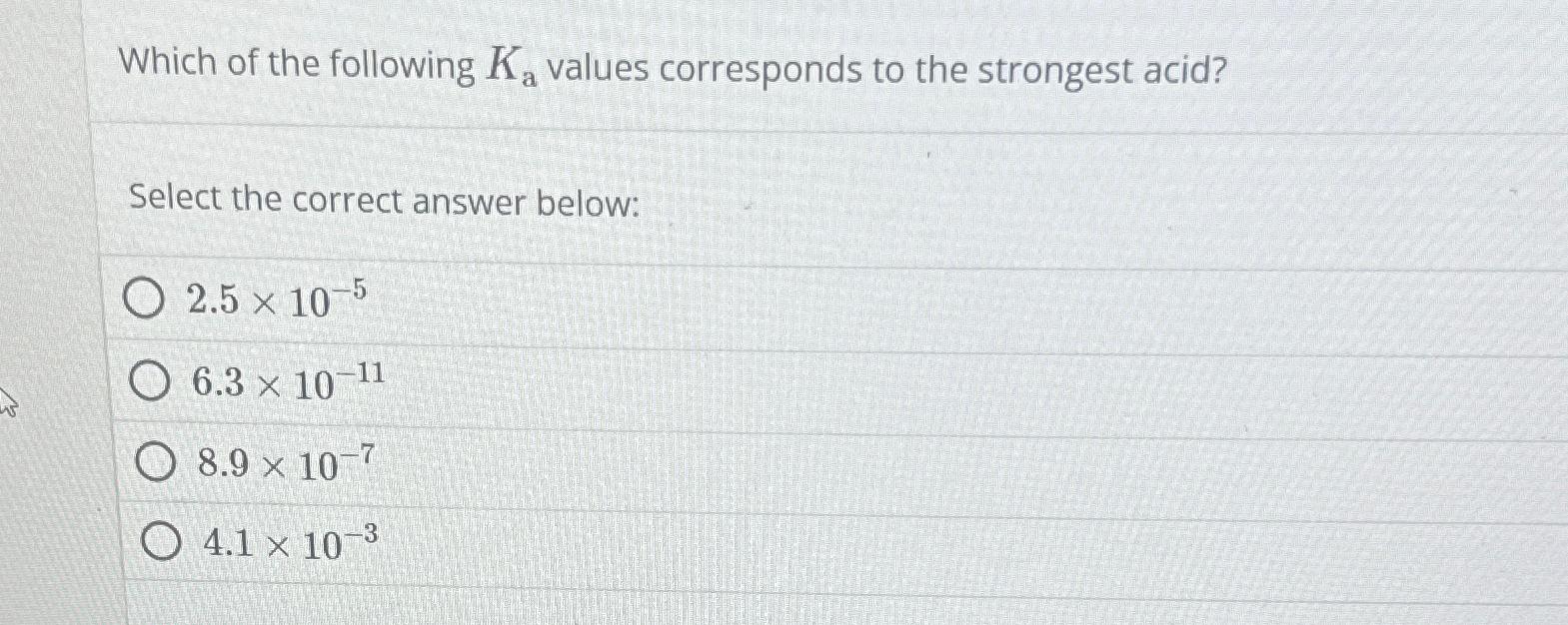 Solved Which of the following Ka ﻿values corresponds to the | Chegg.com