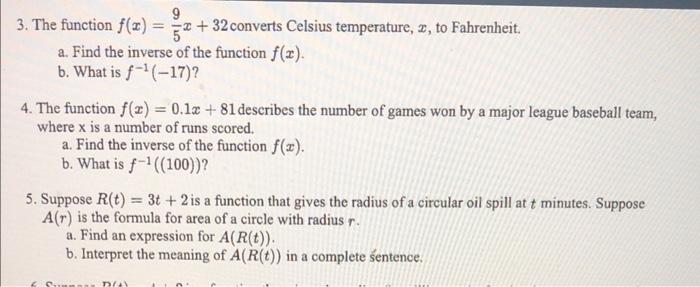 Solved 3. The function f(x)=59x+32 converts Celsius | Chegg.com