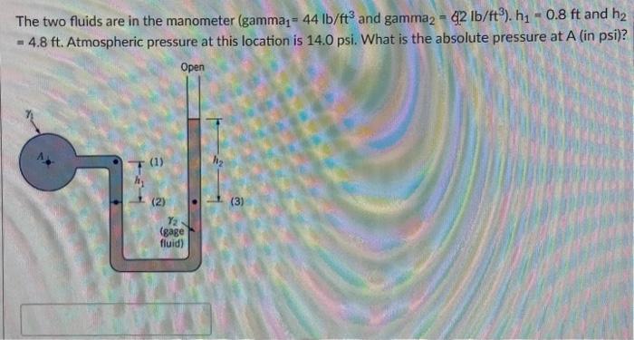Solved The two fluids are in the manometer (gamma 1=44lb/ft3 | Chegg.com