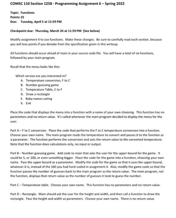 Solved COMSC 110 Section 1258 - Programming Assignment | Chegg.com