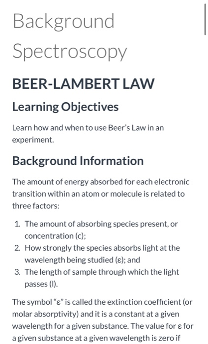 Solved Background Spectroscopy BEER-LAMBERT LAW Learning | Chegg.com
