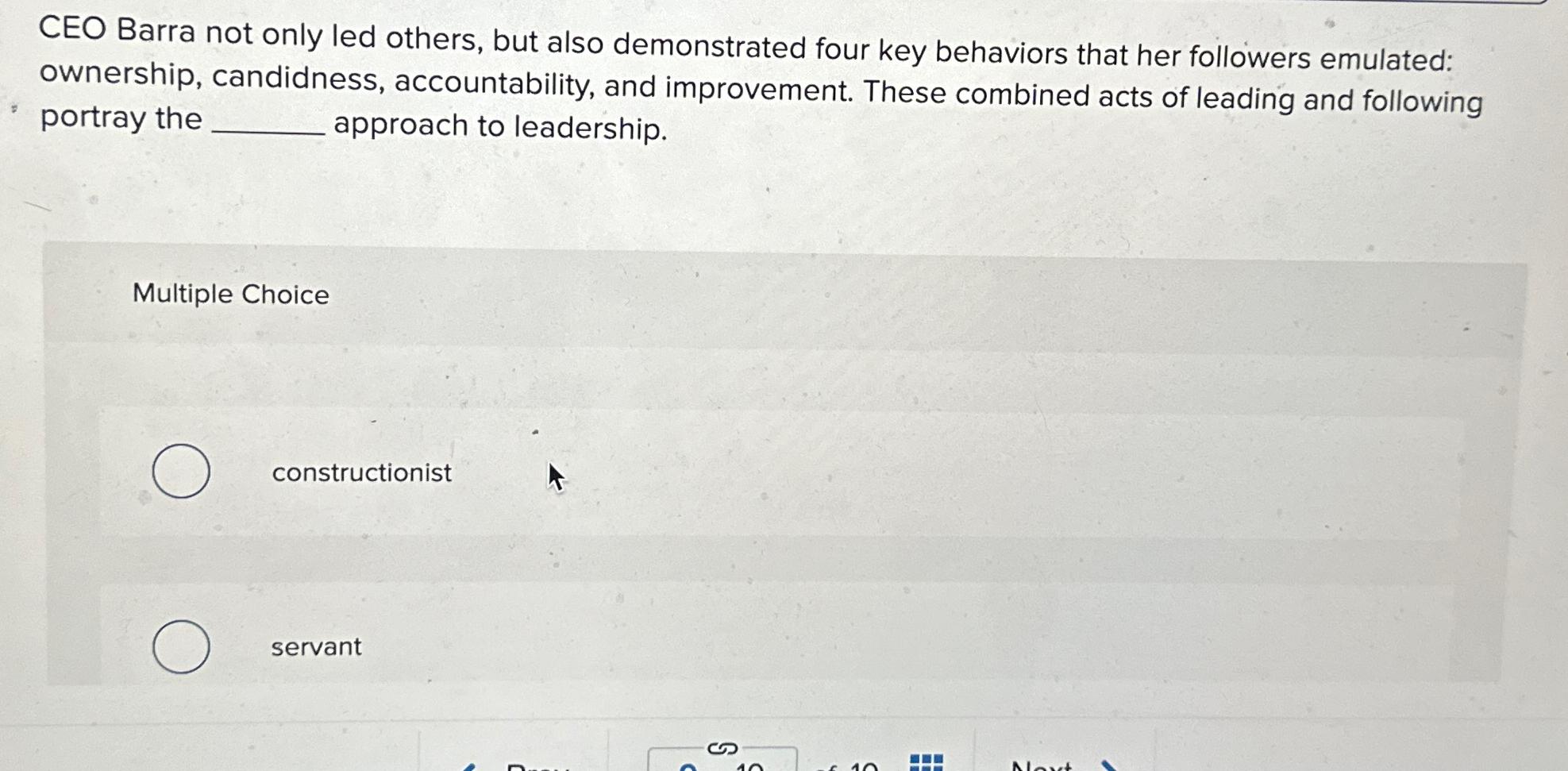 Solved CEO Barra not only led others, but also demonstrated | Chegg.com