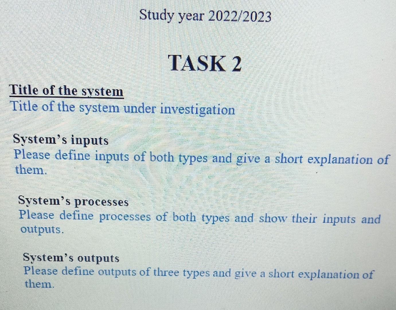 Study year 2022/2023 TASK 2 Title of the system Title | Chegg.com