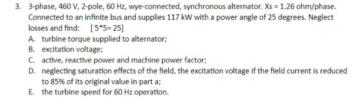 Solved 3. 3-phase, 460 V, 2-pole, 60 Hz, wye-connected, | Chegg.com