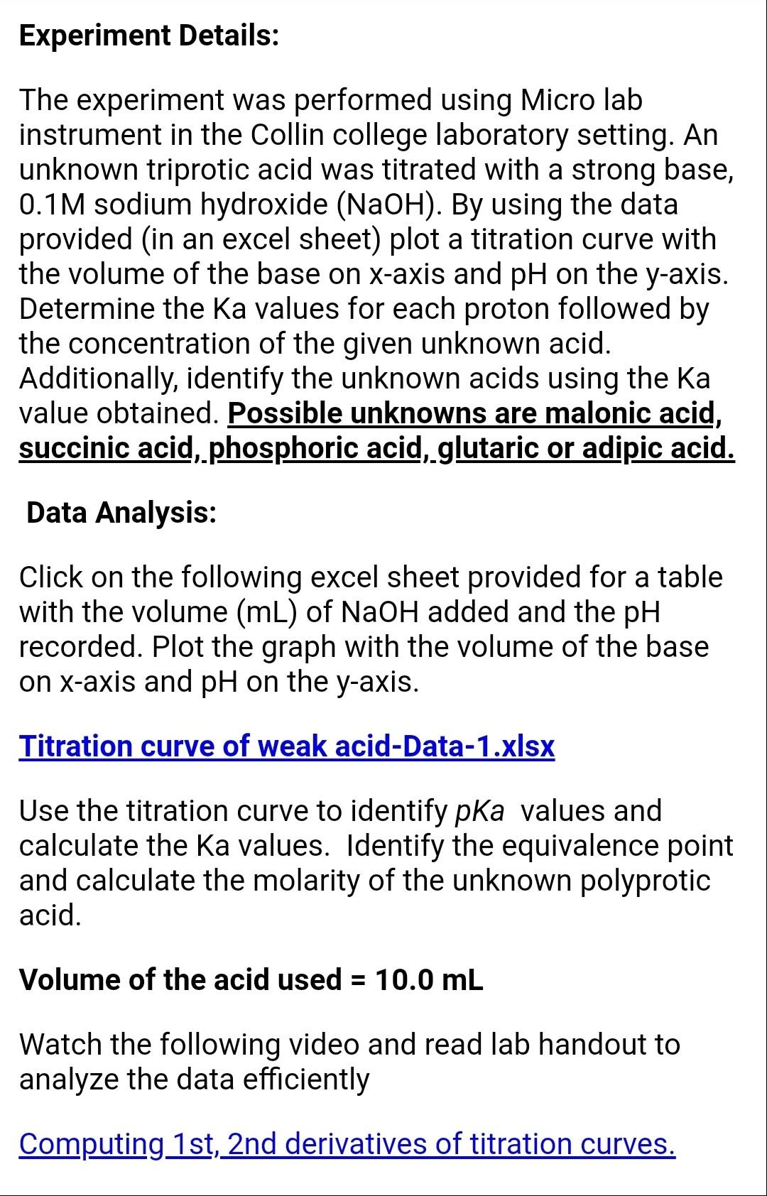 Experimental Data for Weak Acid Titration Experiment | Chegg.com