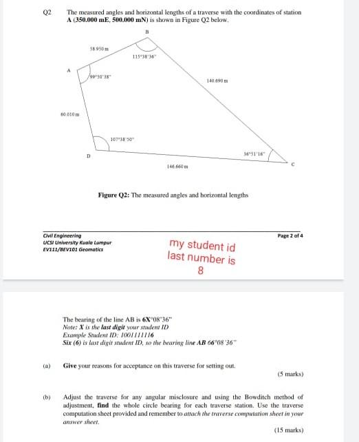 Solved 02 The measured angles and horizontal lengths of a | Chegg.com