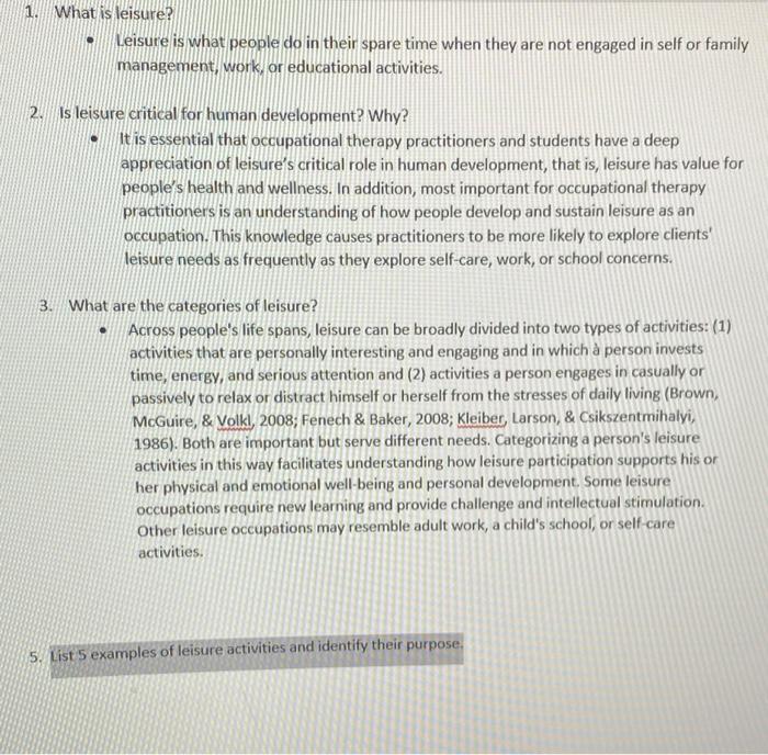 Solved 1. What is leisure? Leisure is what people do in | Chegg.com