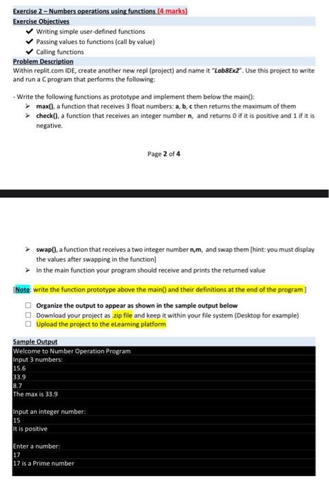 Solved Exercise 2 - Numbers operations using functions (4 | Chegg.com