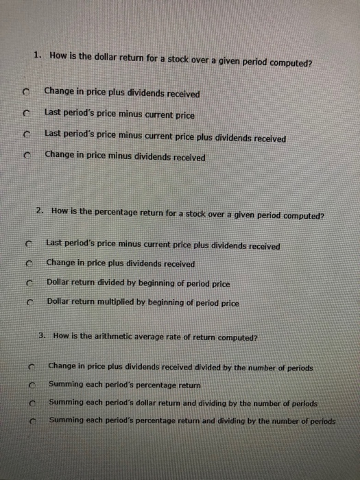 Solved 1. How is the dollar return for a stock over a given | Chegg.com