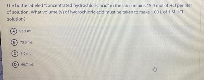 Solved The bottle labeled "concentrated hydrochloric acid" | Chegg.com