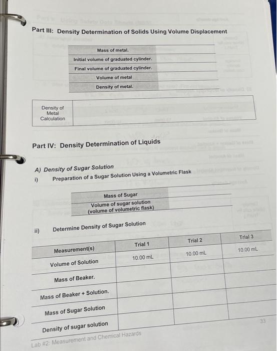 Part III: Density Determination of Solids Using | Chegg.com