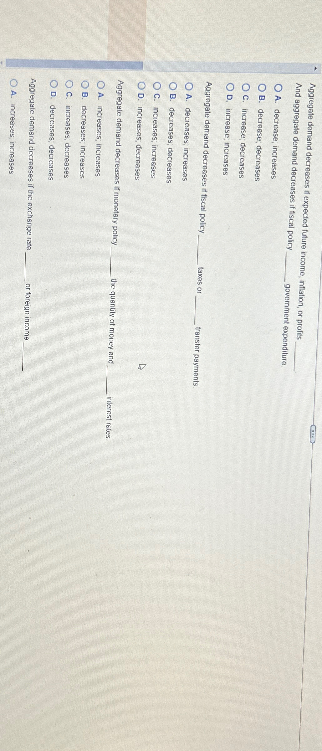 Solved Aggregate demand decreases if expected future income, | Chegg.com
