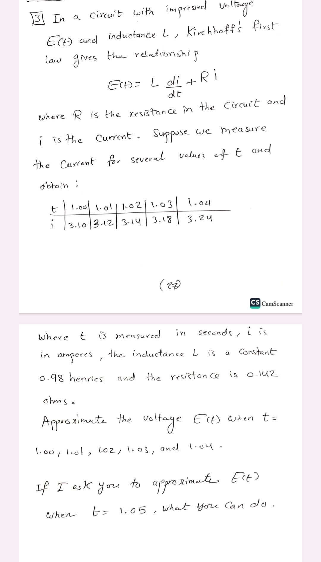 Solved If I ask you to approximate E(t) ﻿when t=1.05, ﻿what | Chegg.com