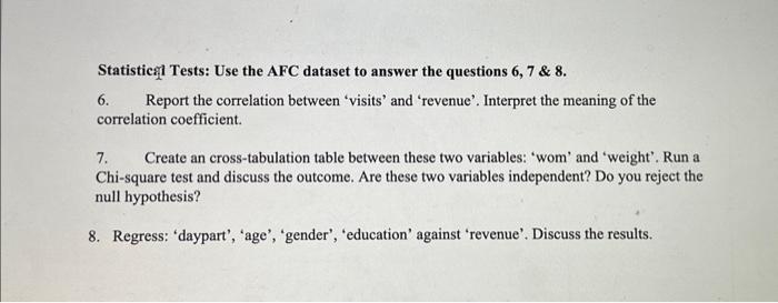 Solved Statistic gू 1 Tests: Use the AFC dataset to answer | Chegg.com