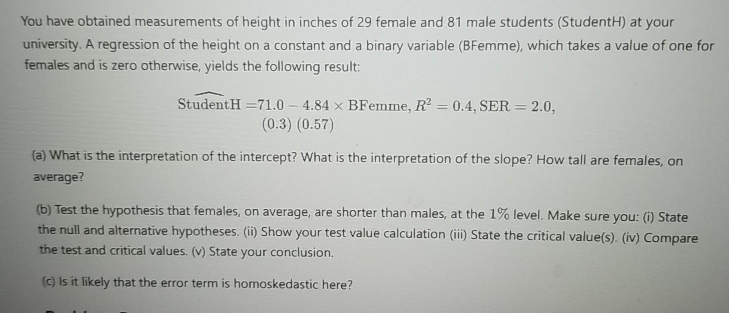 Solved You have obtained measurements of height in inches of | Chegg.com