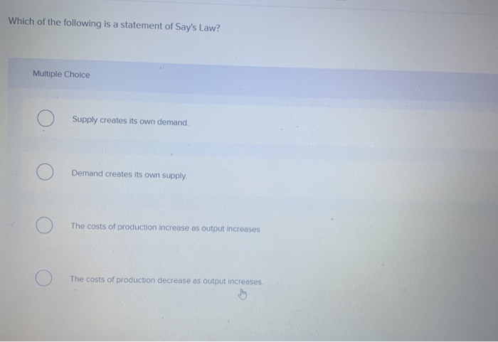 Solved Which of the following is a statement of Say's Law? | Chegg.com