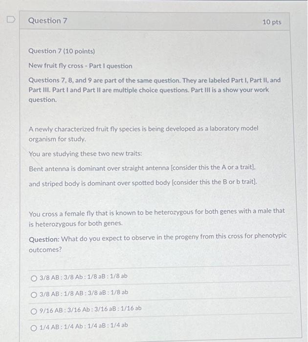 Solved Question 7 (10 points) New fruit fly cross - Part I | Chegg.com