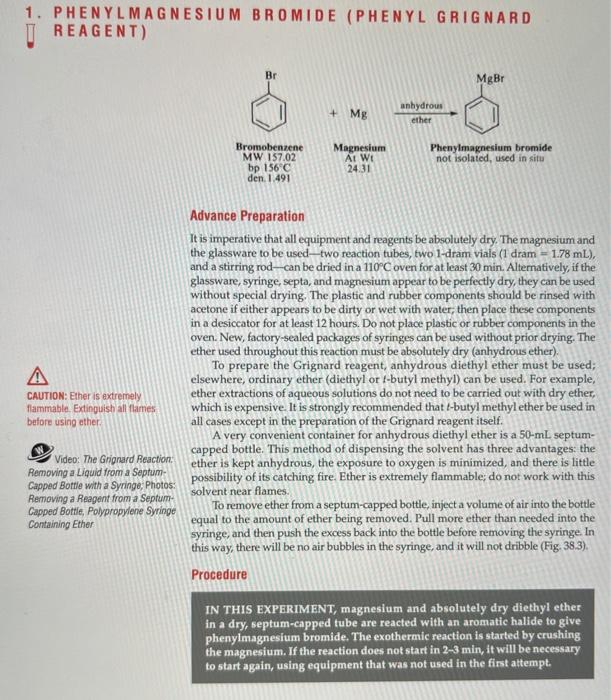 Solved 1. PHENYL MAGNESIUM BROMIDE (PHENYL GRIGNARD U | Chegg.com