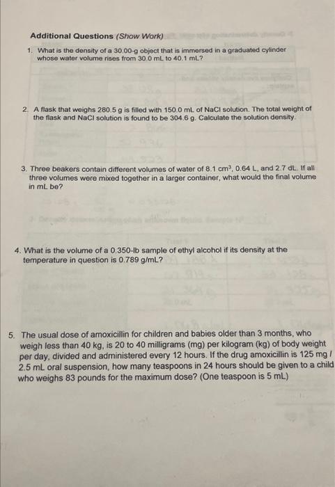 Solved Additional Questions (Show Work) 1. What is the | Chegg.com