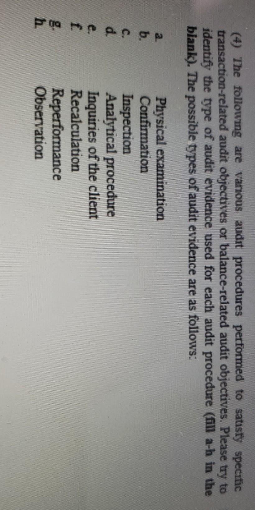 Solved (4) The following are vanous audit procedures | Chegg.com