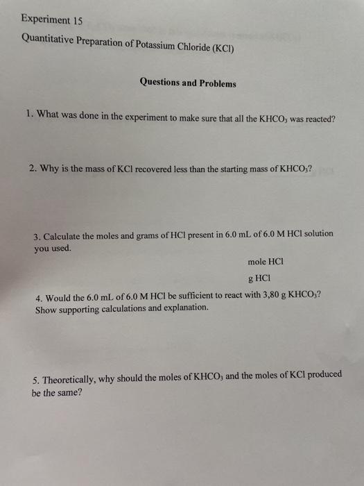 Solved Experiment 15 Quantitative Preparation of Potassium | Chegg.com