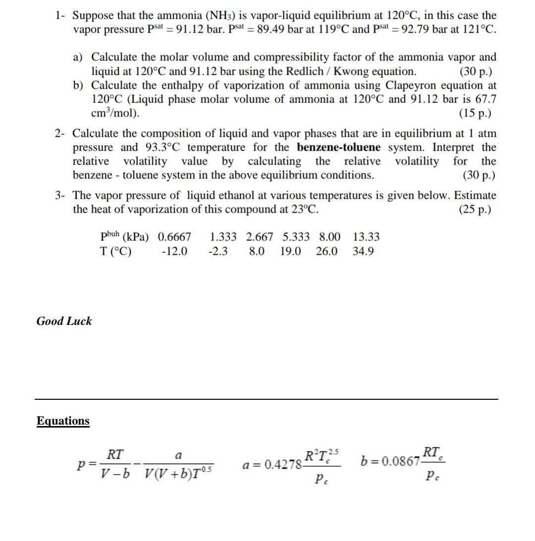 Solved 1- Suppose that the ammonia (NH3) is vapor-liquid | Chegg.com