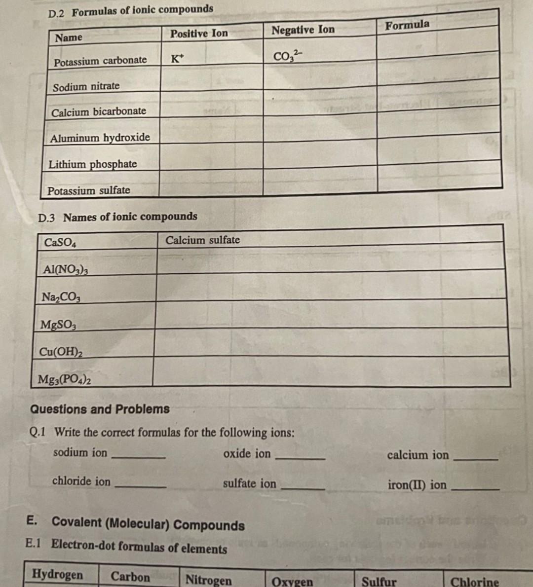 [Solved]: D.3 Names of ionic compounds Questions and Pr
