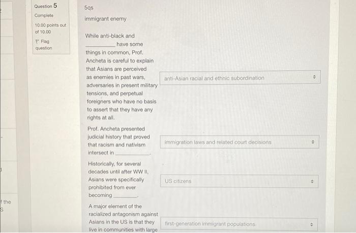 Question 5 Completo 5qs Immigrant enemy 10.00 points | Chegg.com