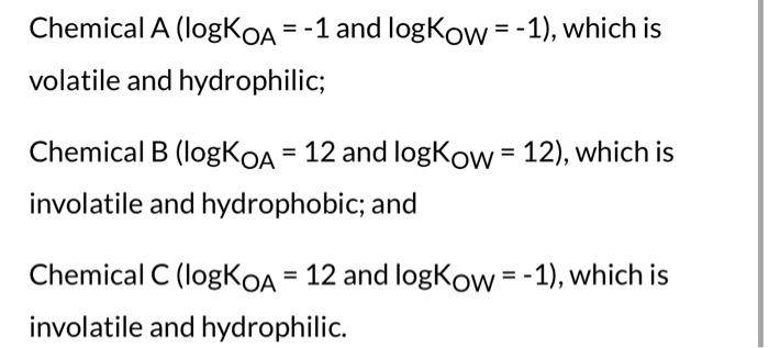Solved Chemical A(logKOA=−1 and logKOW=−1), which is | Chegg.com