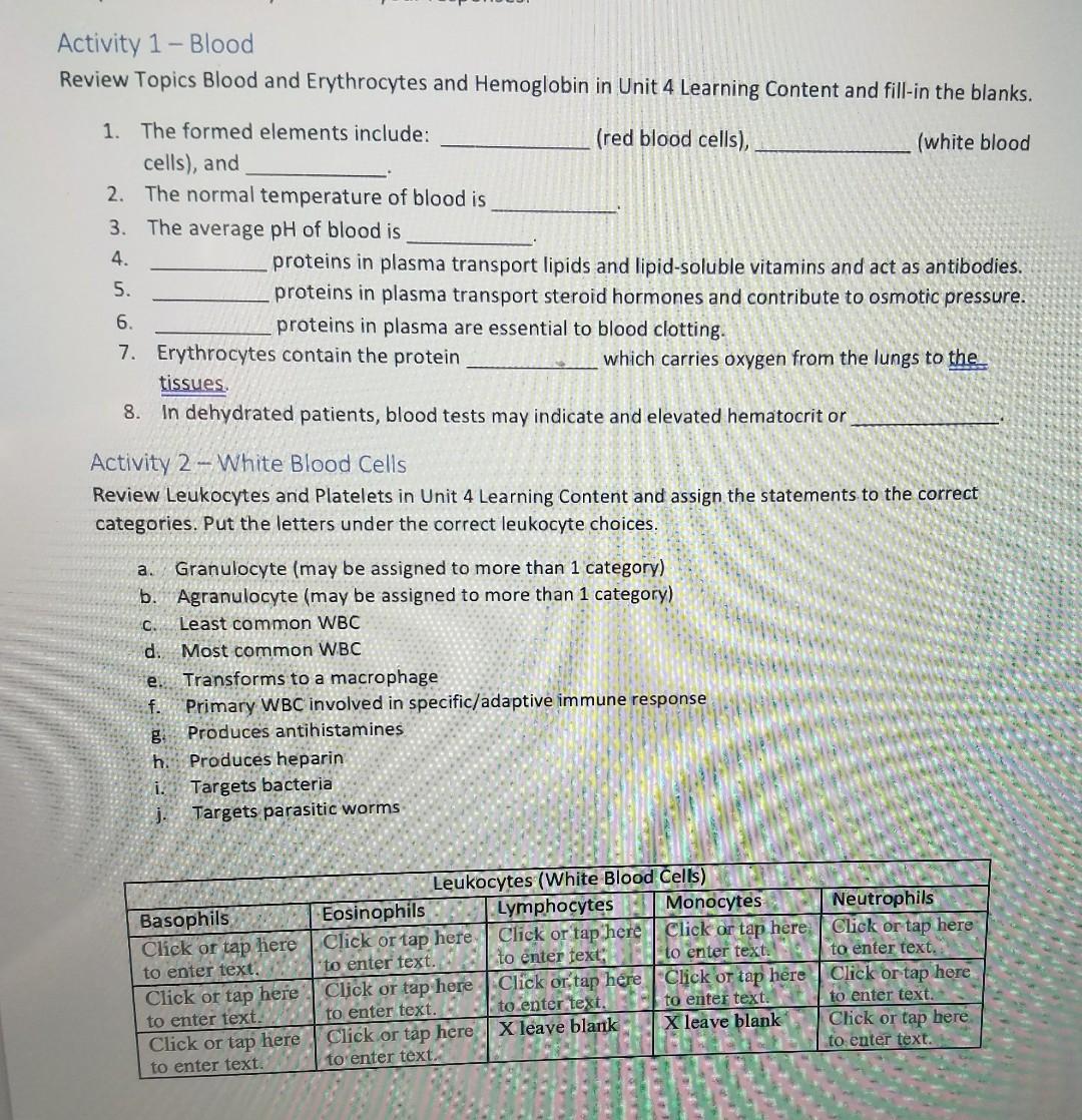 Solved Activity 1 - Blood Review Topics Blood and | Chegg.com