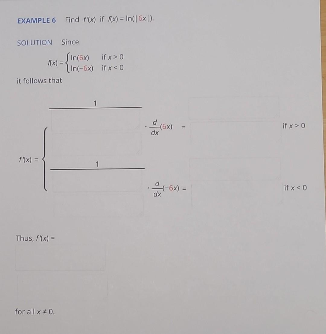 Solved EXAMPLE 6 Find f′(x) if f(x)=ln(∣6x∣) SOLUTION Since | Chegg.com