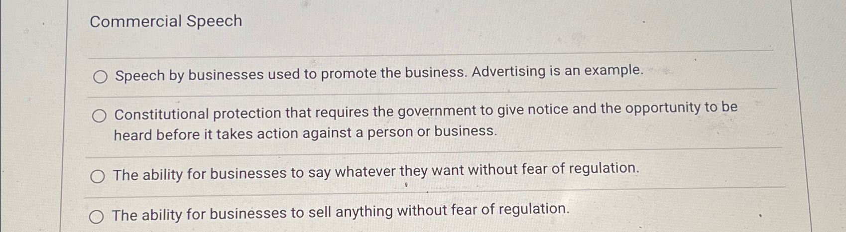 Solved Commercial SpeechSpeech by businesses used to promote | Chegg.com