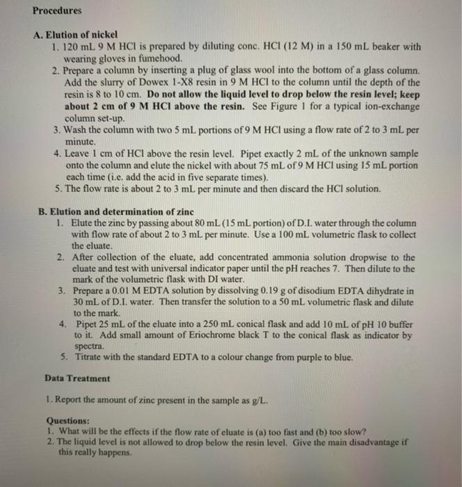 Procedures A. Elution of nickel 1. 120 mL 9 M HCl is | Chegg.com