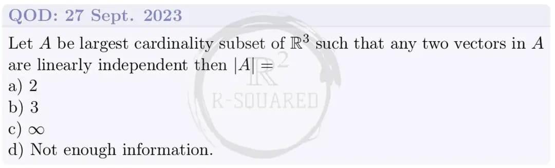 Solved Let A be largest cardinality subset of R3 such that | Chegg.com