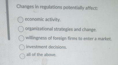 Solved Changes in regulations potentially affect:economic | Chegg.com
