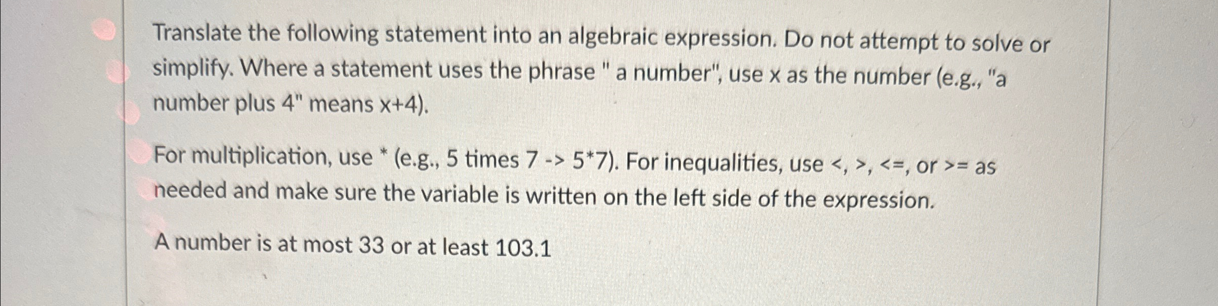 Solved Translate the following statement into an algebraic | Chegg.com