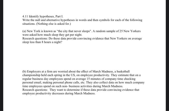 Solved 4.11 Identify hypotheses, Part I. Write the null and | Chegg.com