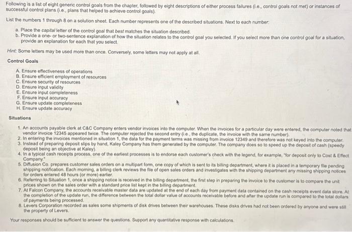 Solved Following is a hist of eight generic control goals | Chegg.com