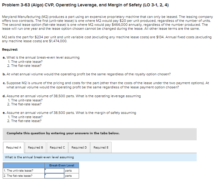 Solved Problem 3-63 (Algo) ﻿CVP, ﻿Operating Leverage, and | Chegg.com